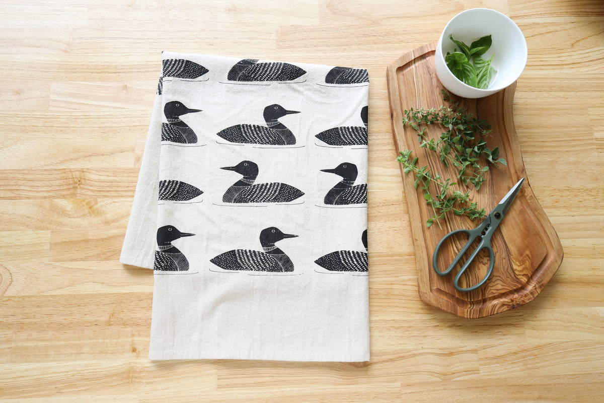 Handprinted Common Loon Kitchen Towel –Natural, Eco-friendly – Potager ...