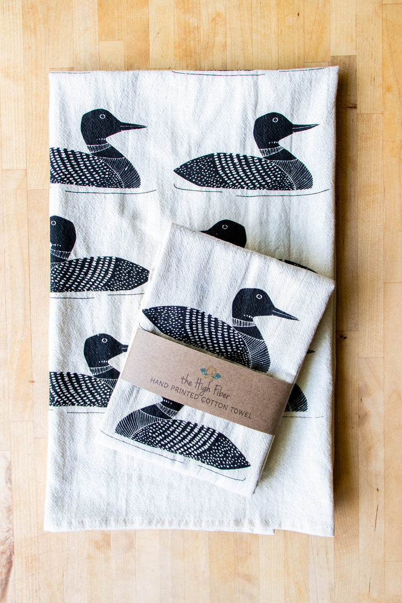 Handprinted Common Loon Kitchen Towel –Natural, Eco-friendly – Potager ...